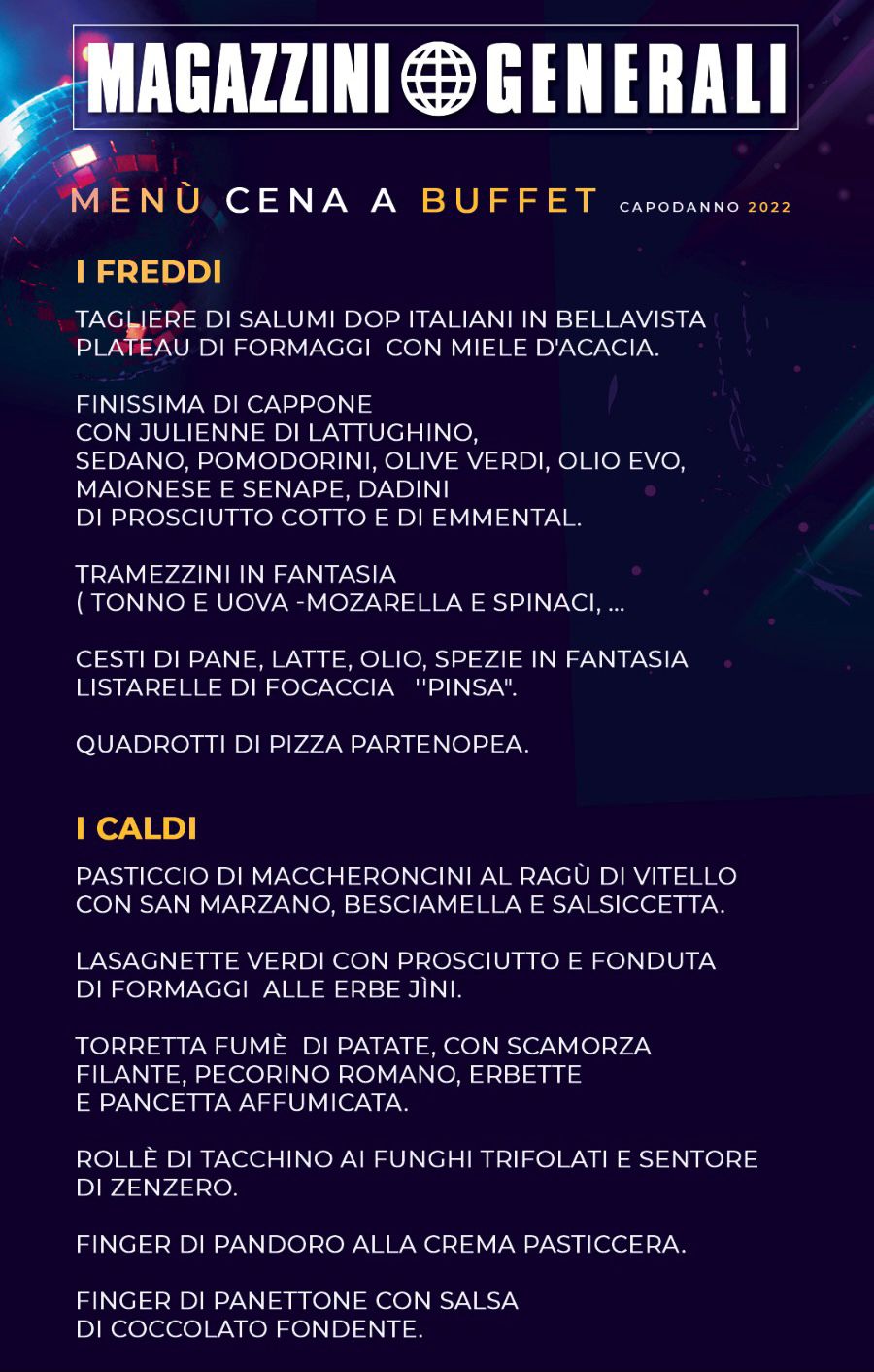 menu buffet capodanno magazzini generali 2022 - Milano In Discoteca