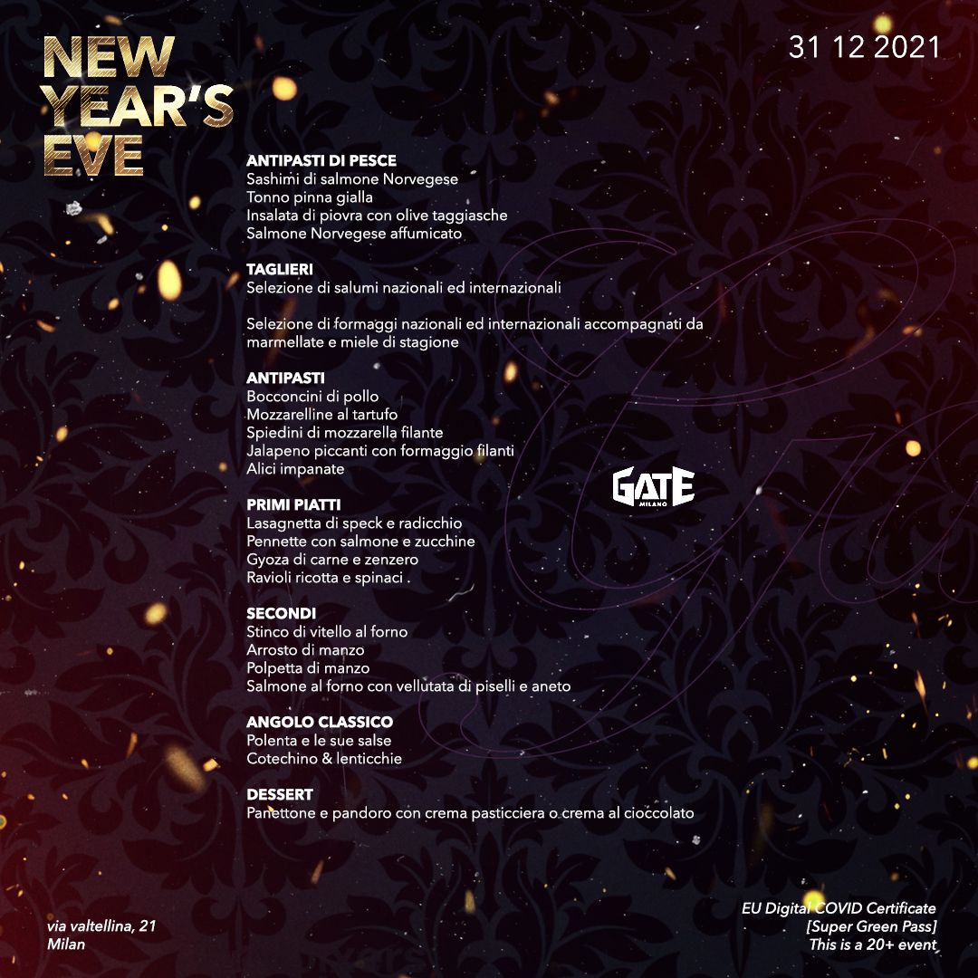 menu cenone capodanno gate 2022 - Milano In Discoteca